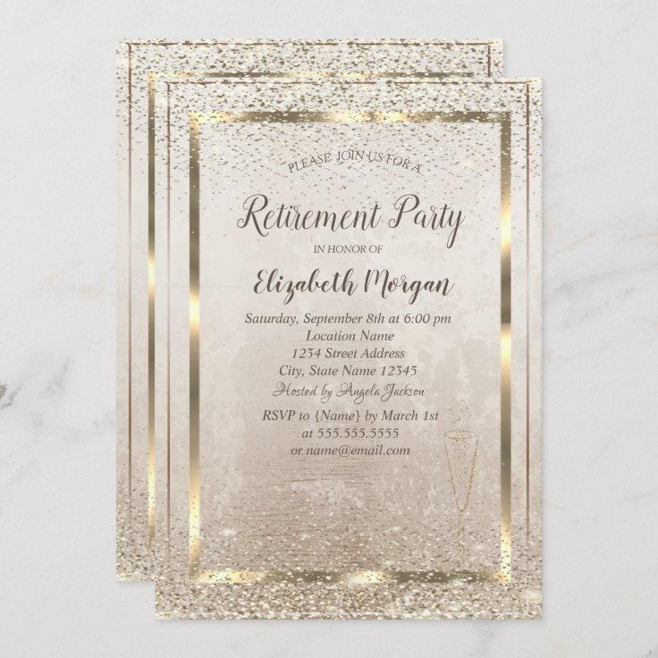 Chic Gold Frame,Glass Confetti Retirement Invitation | Zazzle