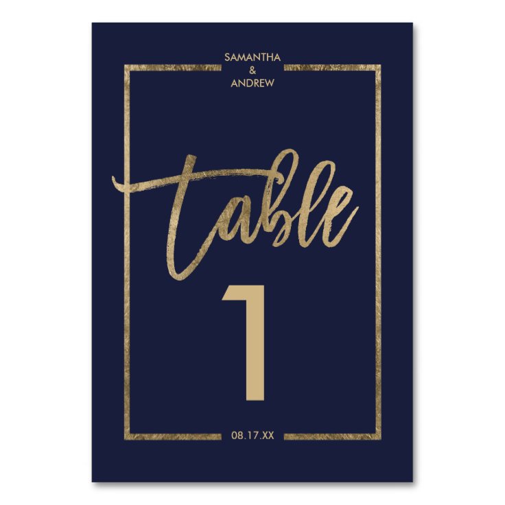 Chic gold frame script navy blue table number | Zazzle