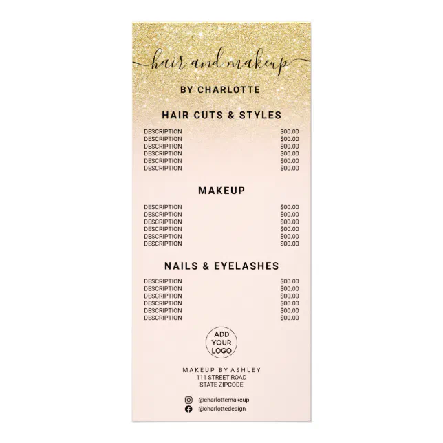 Chic gold glitter calligraphy hair makeup price rack card | Zazzle
