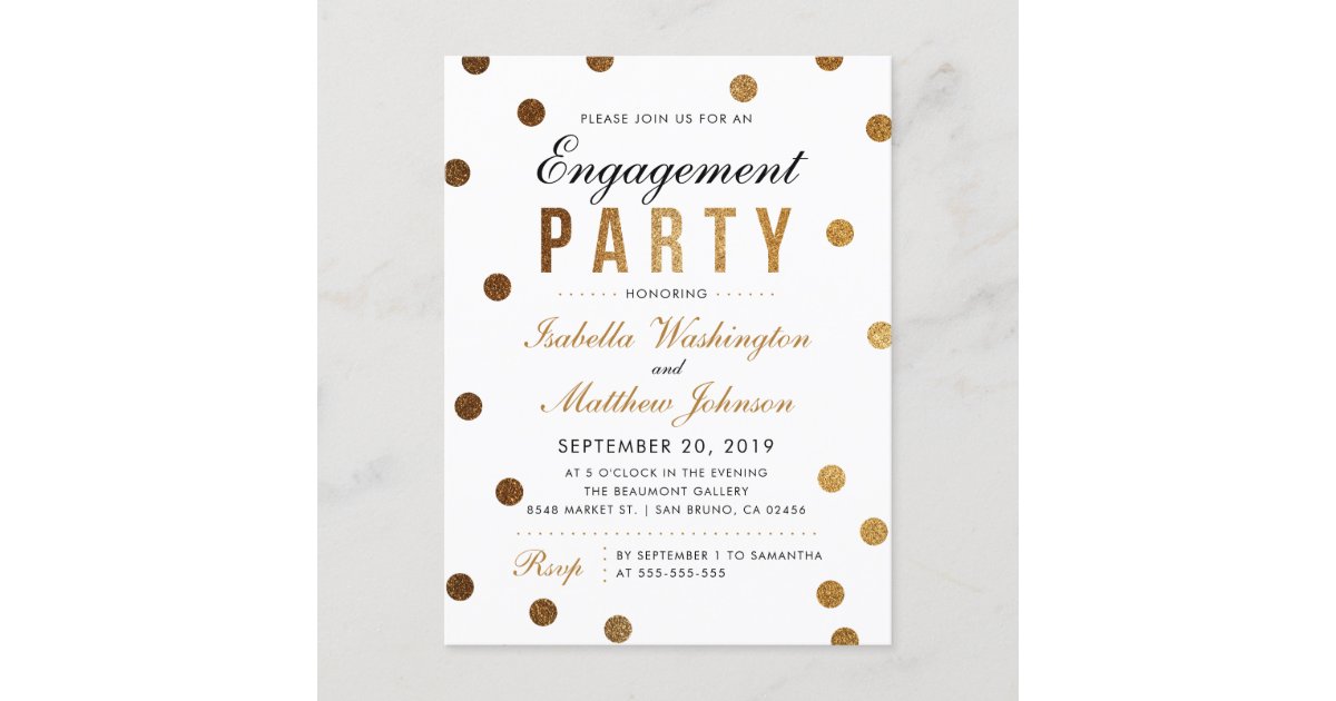 Chic Gold Glitter Confetti Engagement Party Invitation Postcard | Zazzle