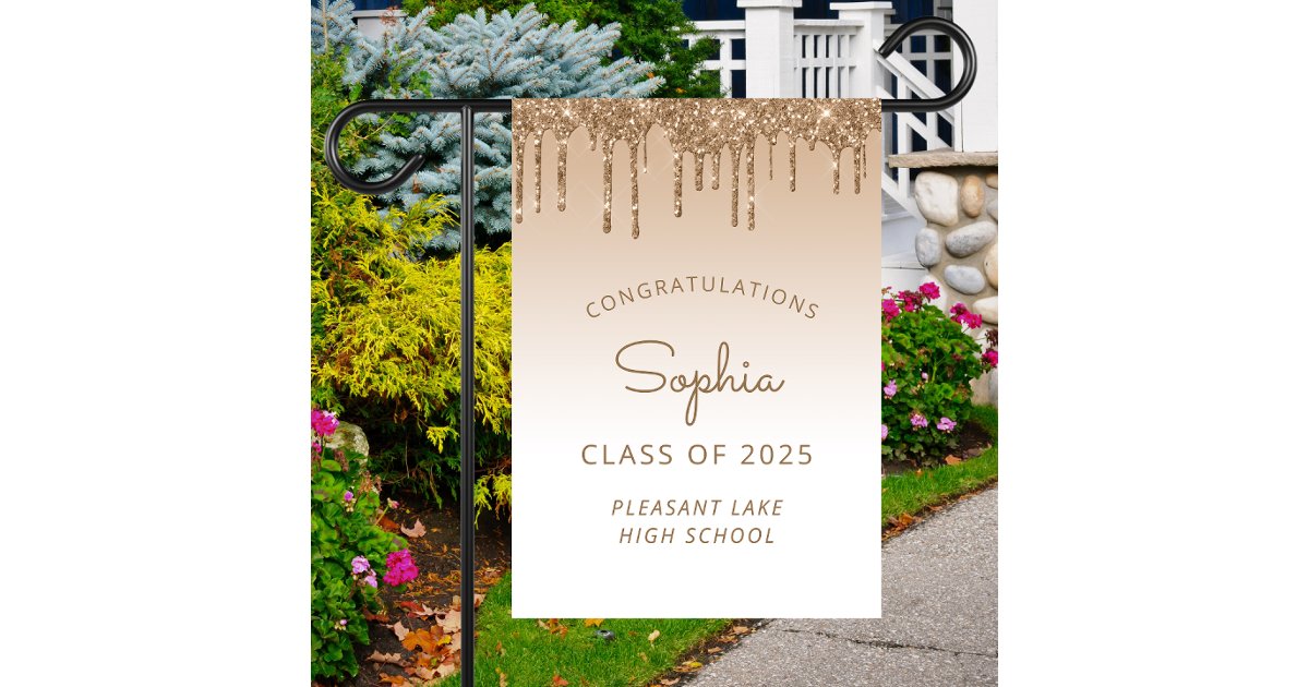 Chic Gold Glitter Drip Graduation Garden Flag | Zazzle