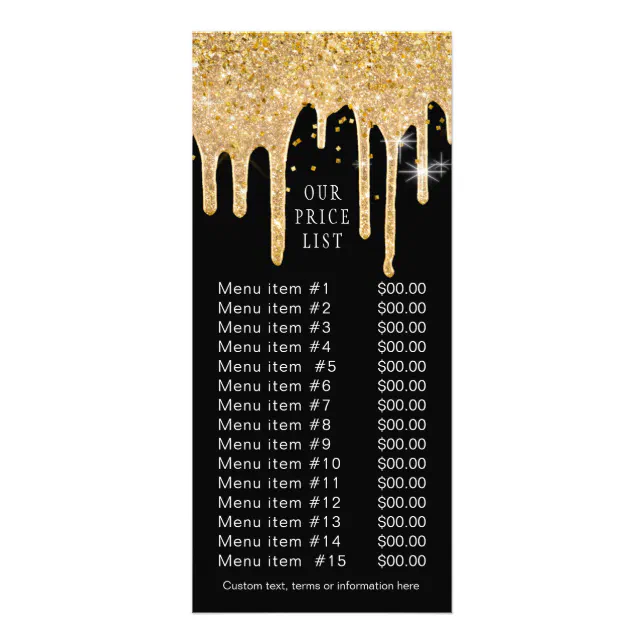 Chic Gold Glitter Drips Black Business Rate Card | Zazzle