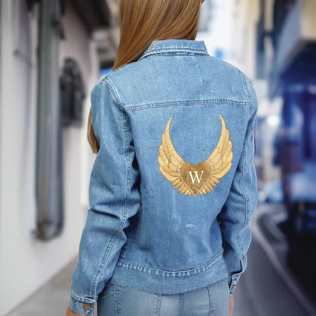 Chic Gold Glitter Gems Custom Monogram Angel Wings Denim Jacket | Zazzle