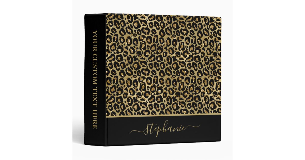 Chic Gold Glitter Leopard Animal Print Monogram 3 Ring Binder | Zazzle