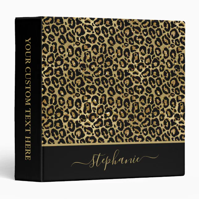Chic Gold Glitter Leopard Animal Print Monogram 3 Ring Binder | Zazzle