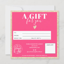 Chic gold glitter neon pink gift certificate logo | Zazzle
