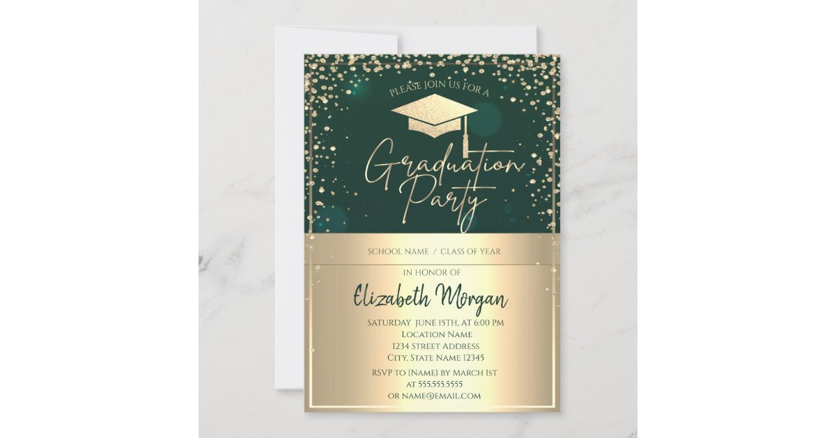 Chic Gold Grad Cap,Diamonds Green Graduation Invitation | Zazzle