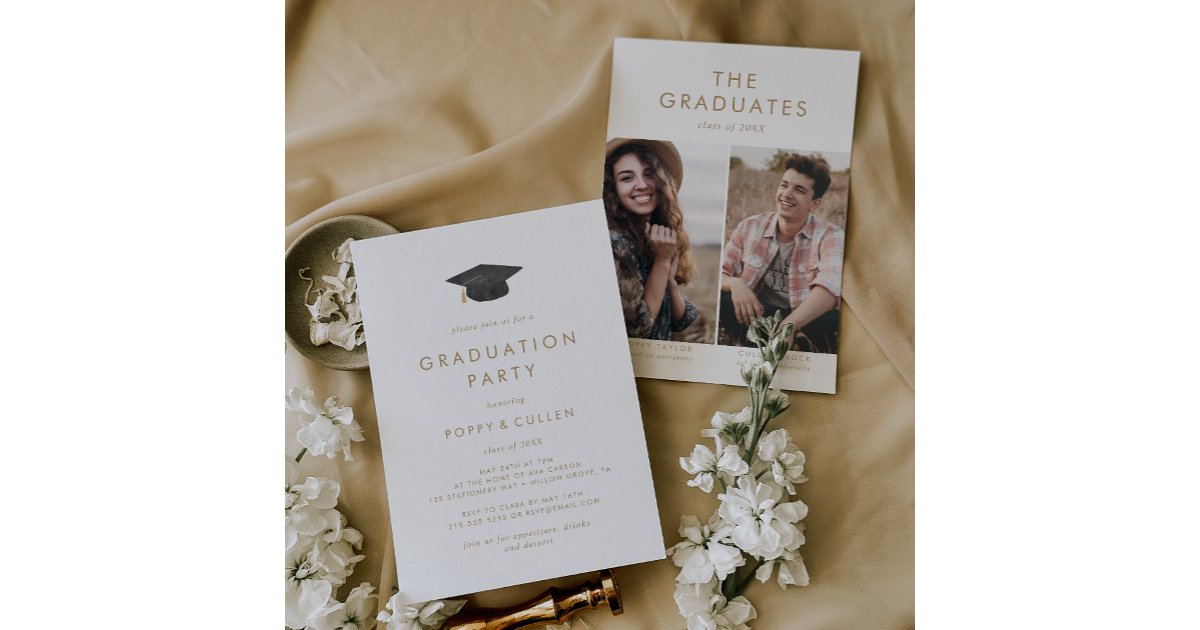 Chic Gold Grad Cap Photo Double Graduation Party Invitation | Zazzle