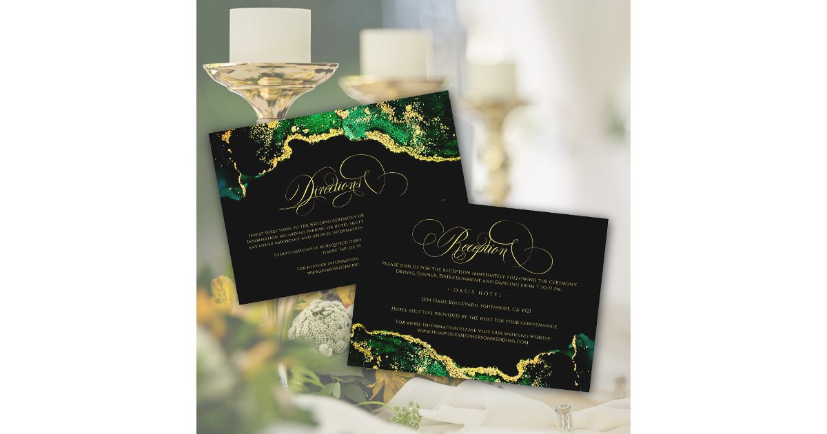 Chic Gold Green Black Reception Directions Wedding Enclosure Card | Zazzle