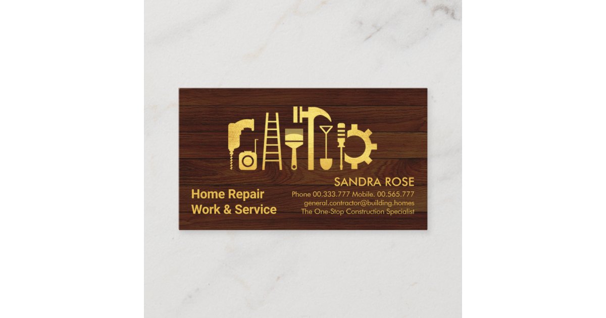 Chic Gold Handyman Tools On Wood Business Card | Zazzle