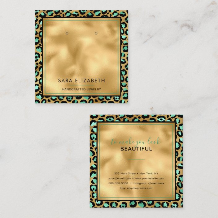 Chic Gold Mint Leopard Print Earring Display Card | Zazzle.com