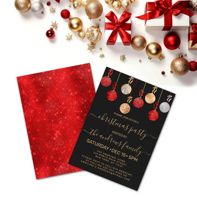 Chic Gold Red Silver Glitter Ornaments Christmas Invitation | Zazzle
