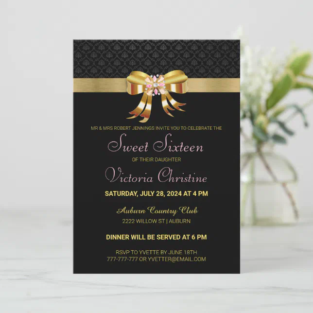 Chic Gold Ribbon Birthday Invitation | Zazzle