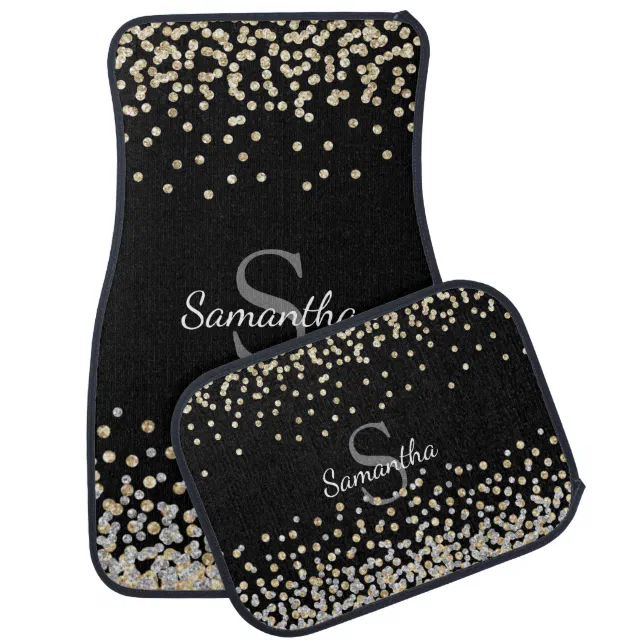 Chic Gold Silver Glitter Confetti Monogram Black Car Floor Mat | Zazzle