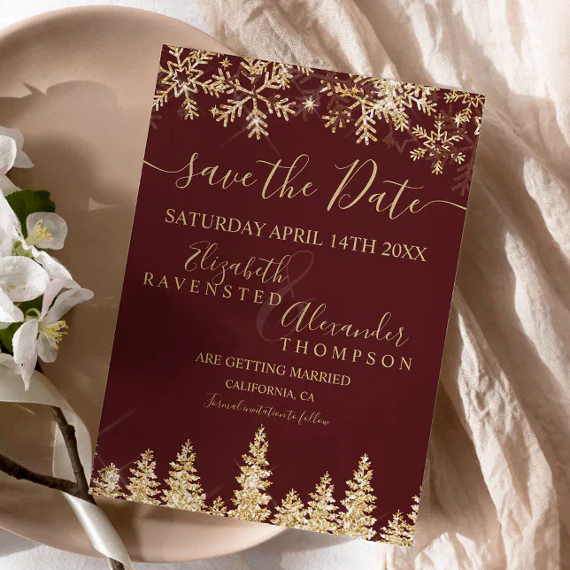 Chic gold snow pine red Christmas save the date | Zazzle