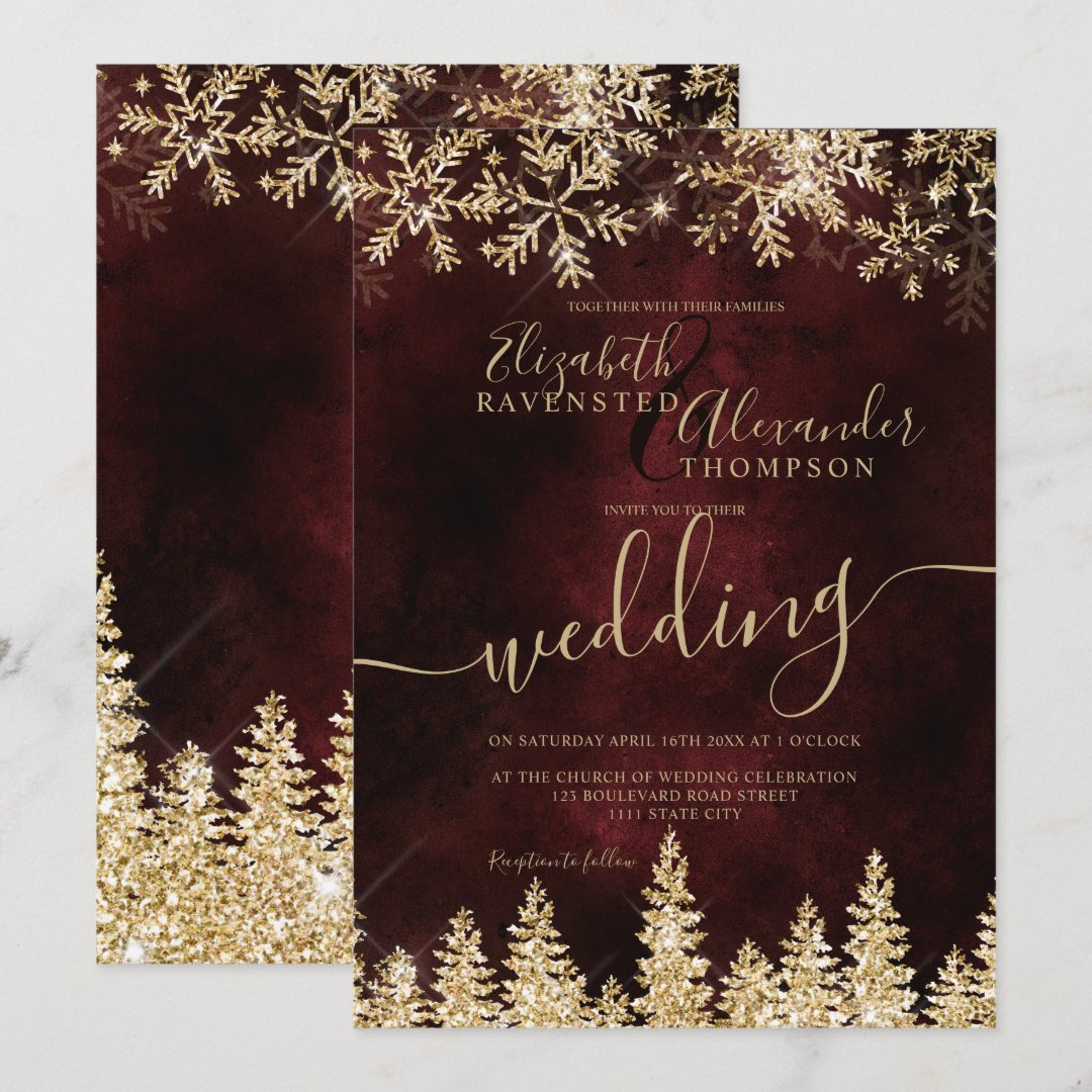 Chic gold snow pine red Christmas winter wedding Invitation | Zazzle