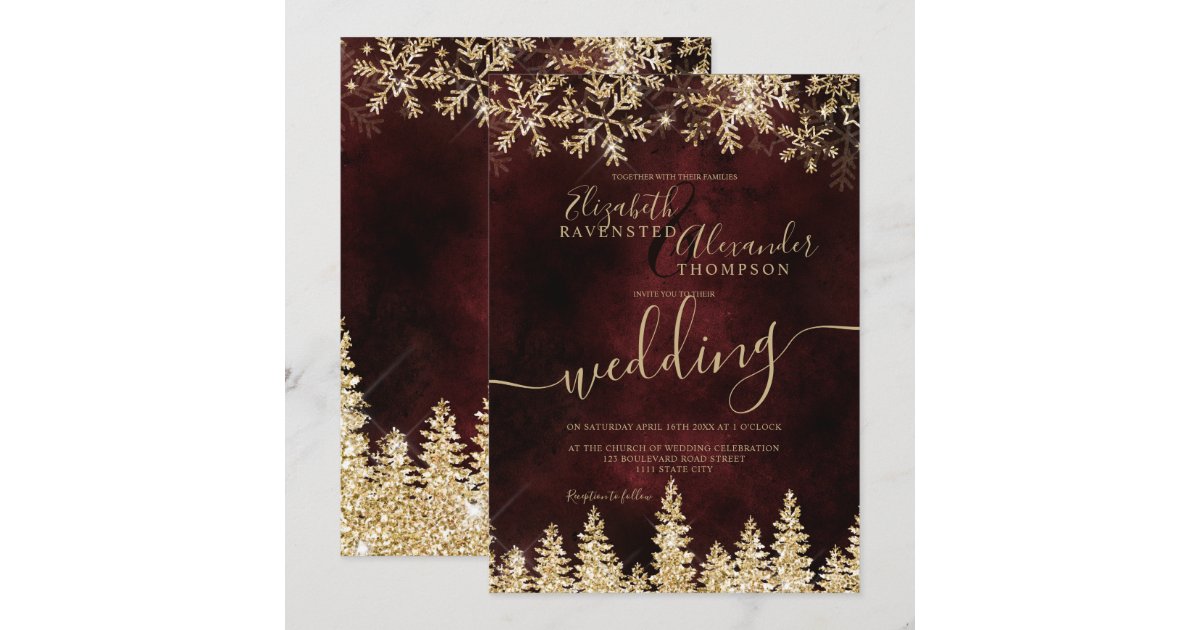 Chic gold snow pine red Christmas winter wedding Invitation | Zazzle