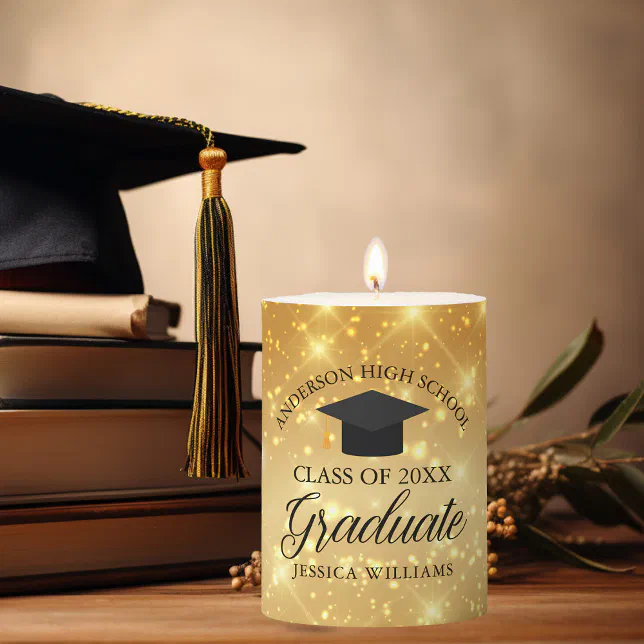 Chic Gold Sparkle Graduate Custom Graduation Gift Pillar Candle | Zazzle