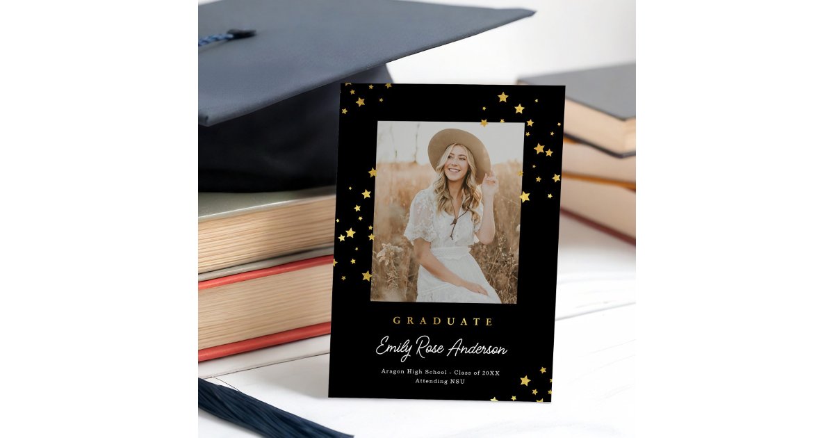 Chic Gold Stars Blk Photo Graduation Announcement | Zazzle