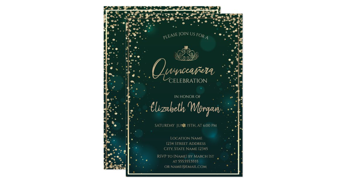 Chic Gold Tiara,Diamonds Green Quinceañera Invitation | Zazzle.com
