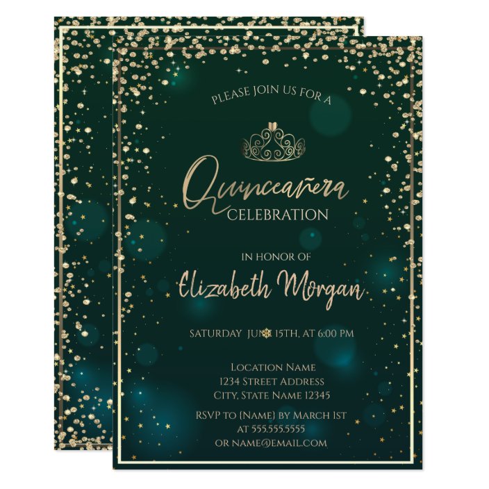 Chic Gold Tiara,Diamonds Green Quinceañera Invitation | Zazzle.com