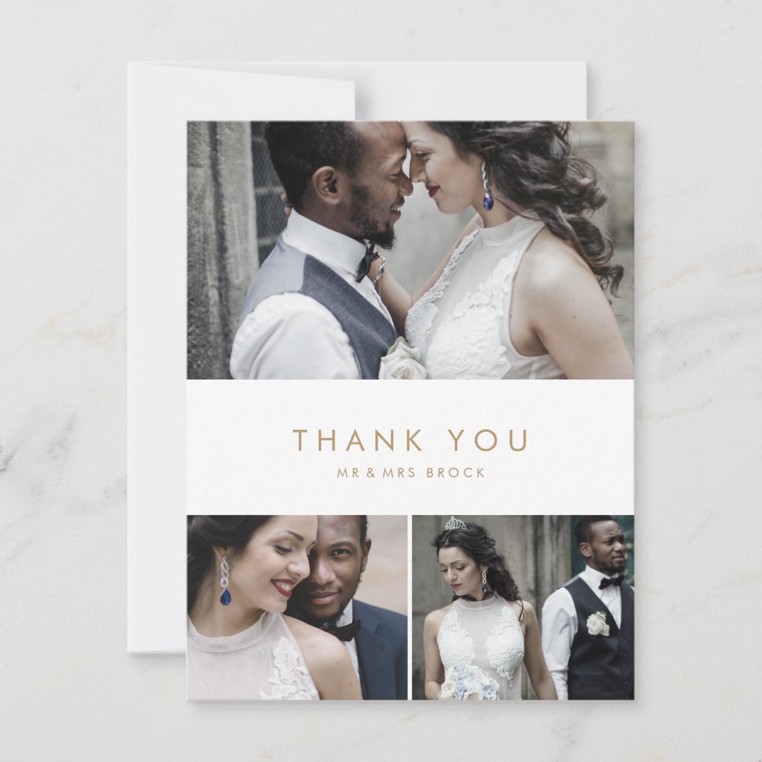 Chic Gold Typography 3 Photo Collage Thank You Card | Zazzle