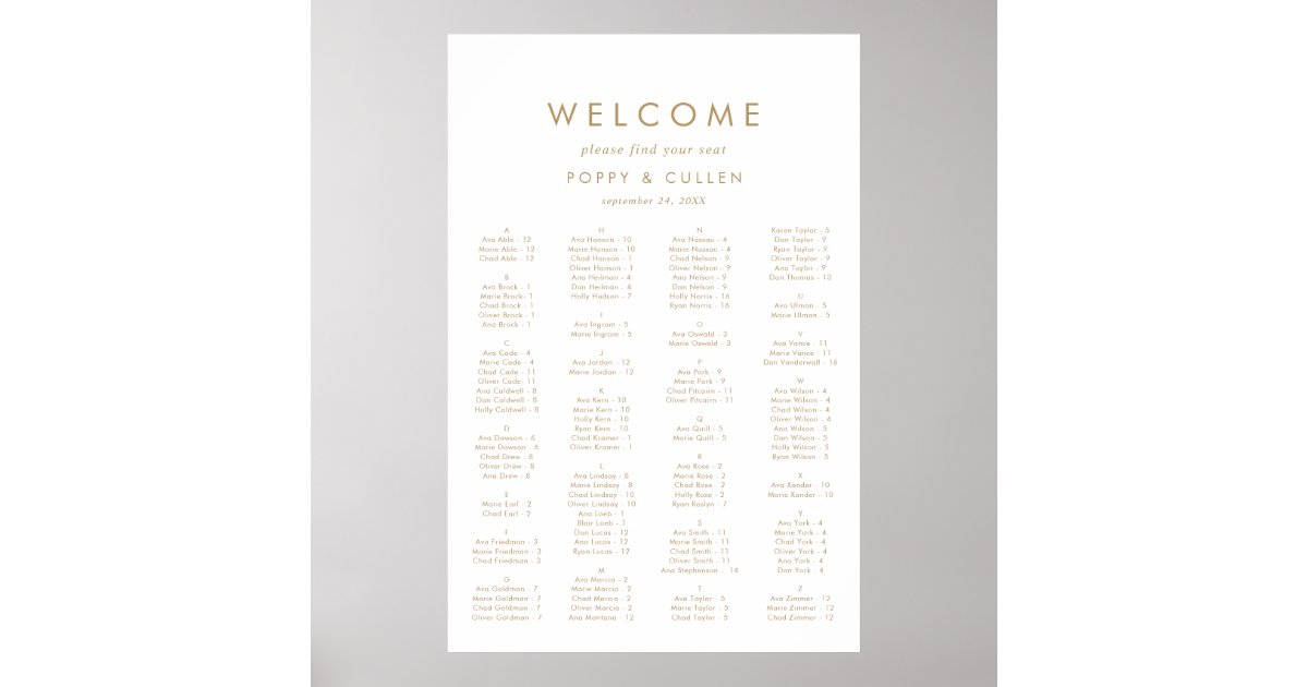 Chic Gold Typography Alphabetical Seating Chart | Zazzle