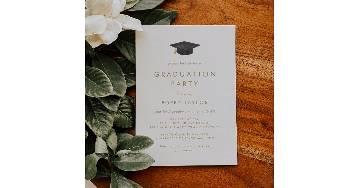 Chic Gold Typography Grad Cap Graduation Party Invitation | Zazzle