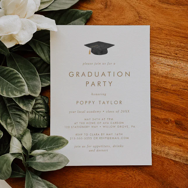 Chic Gold Typography Grad Cap Graduation Party Invitation | Zazzle