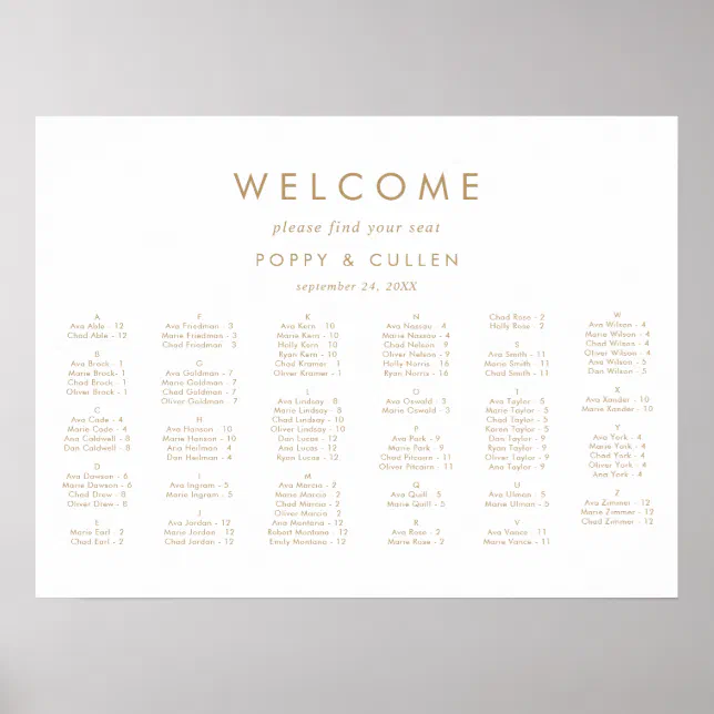 Chic Gold Typography Horizontal Seating Chart | Zazzle