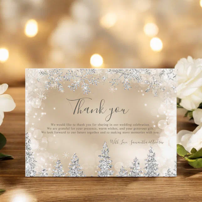 Chic gold Winter silver snow pine wedding Thank You Card | Zazzle
