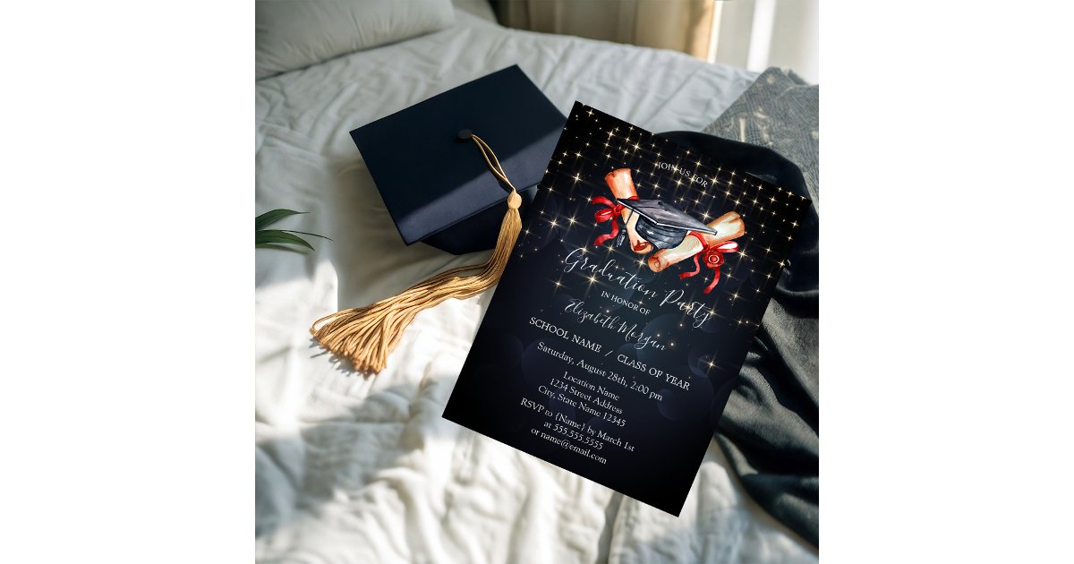 Chic Grad Cap Diploma,Stars Graduation Invitation | Zazzle