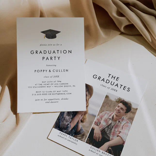 Chic Grad Cap Photo Double Graduation Party Invitation | Zazzle