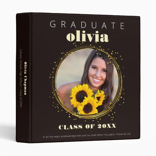 Chic Graduate Black Gold Confetti Custom Photo 3 Ring Binder | Zazzle