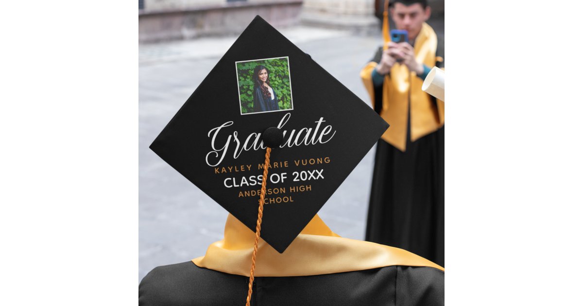 Chic Graduate Photo Black Gold Custom School Graduation Cap Topper | Zazzle