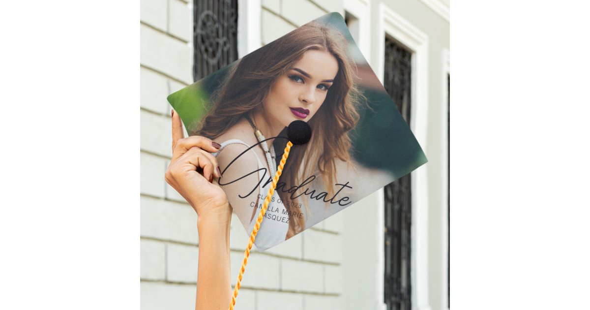 Chic Graduate Photo Handwritten Script Overlay Graduation Cap Topper ...