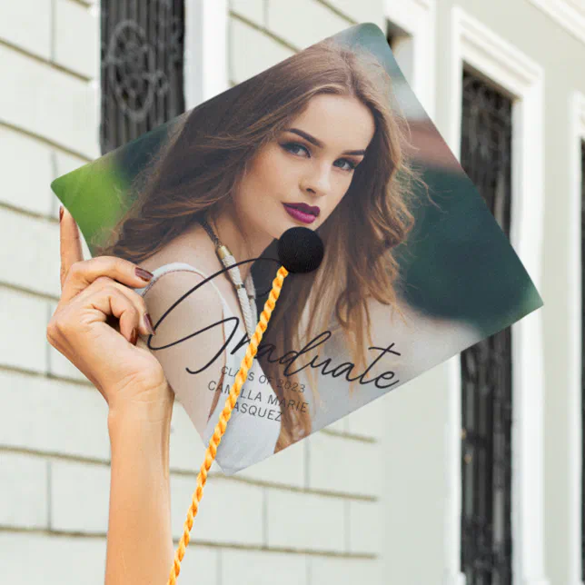 Chic Graduate Photo Handwritten Script Overlay Graduation Cap Topper ...