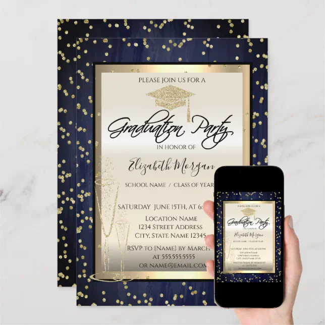 Chic Graduation Cap,Glass Diamonds Blue Graduation Invitation | Zazzle