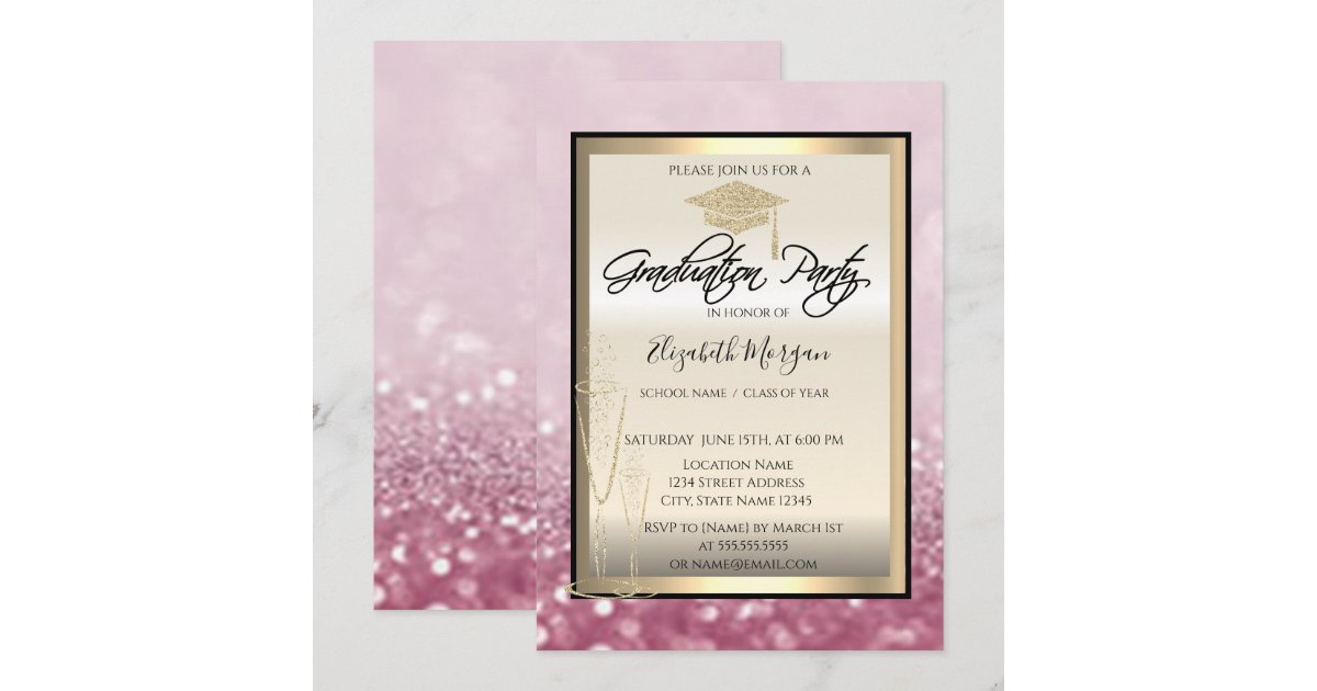 Chic Graduation Cap,Glass Glitter Bokeh Graduation Invitation | Zazzle