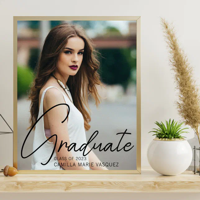 Chic Graduation Photo Black Script Overlay Party Poster | Zazzle