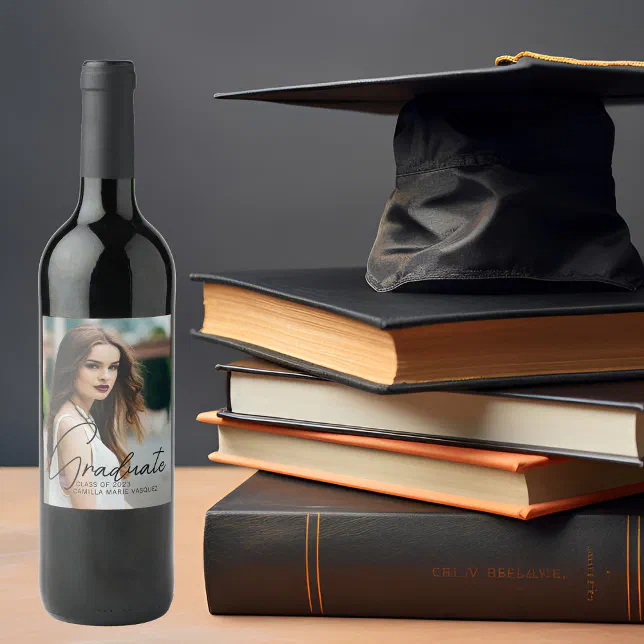 Chic Graduation Photo Black Script Overlay Party Wine Label | Zazzle