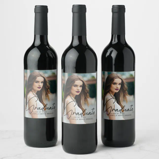 Chic Graduation Photo Black Script Overlay Party Wine Label | Zazzle
