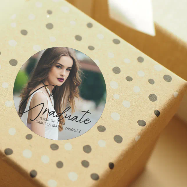 Chic Graduation Photo Handwritten Script Overlay Classic Round Sticker ...