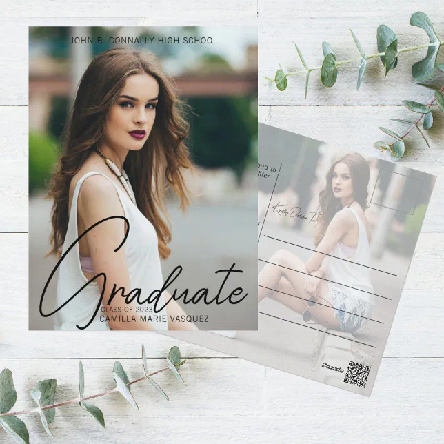 Chic Graduation Photo Handwritten Script Overlay Postcard | Zazzle