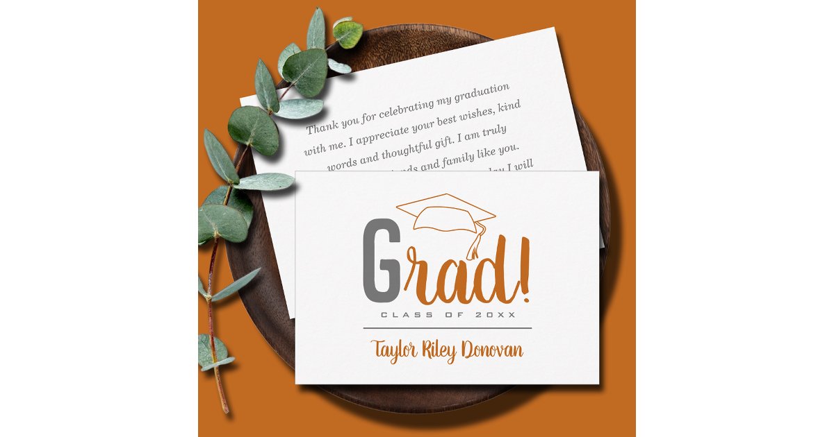 Chic Gray and Burnt Orange Grad Cap Graduation Note Card | Zazzle