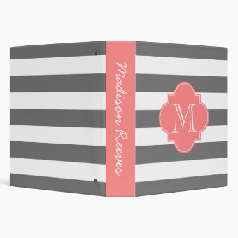 Chic Gray and Coral Striped Custom Monogram Binder | Zazzle