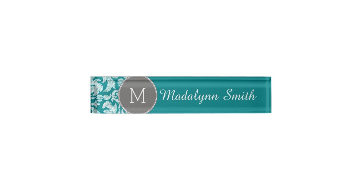 Chic Gray and Teal Damask Pattern Custom Monogram Desk Name Plate | Zazzle