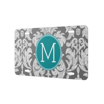 Chic Gray and Teal Damask Pattern Custom Monogram License Plate | Zazzle