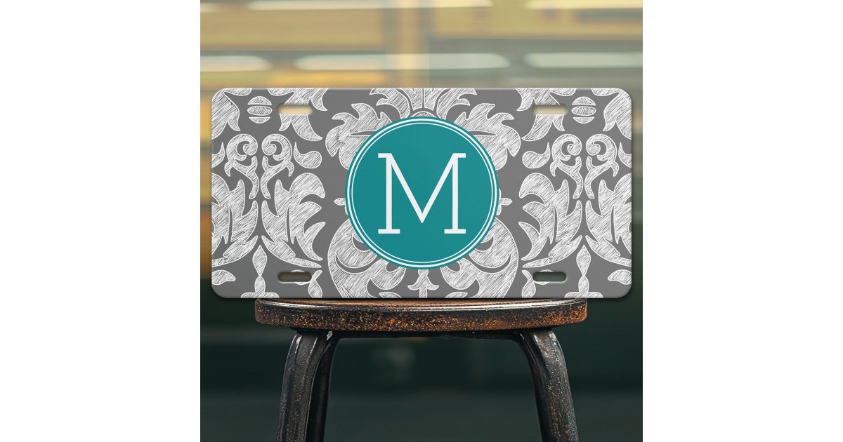 Chic Gray and Teal Damask Pattern Custom Monogram License Plate | Zazzle