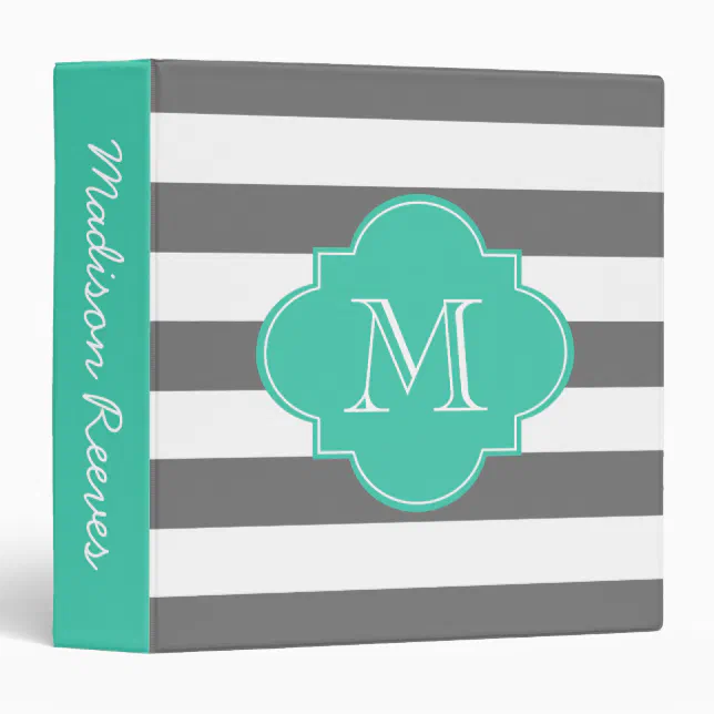 Chic Gray and Turquoise Striped Custom Monogram Binder | Zazzle